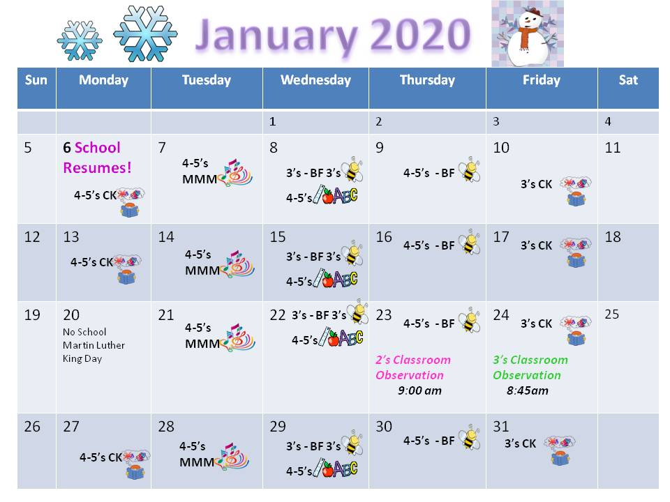 School Calendar | Celebration Preschool